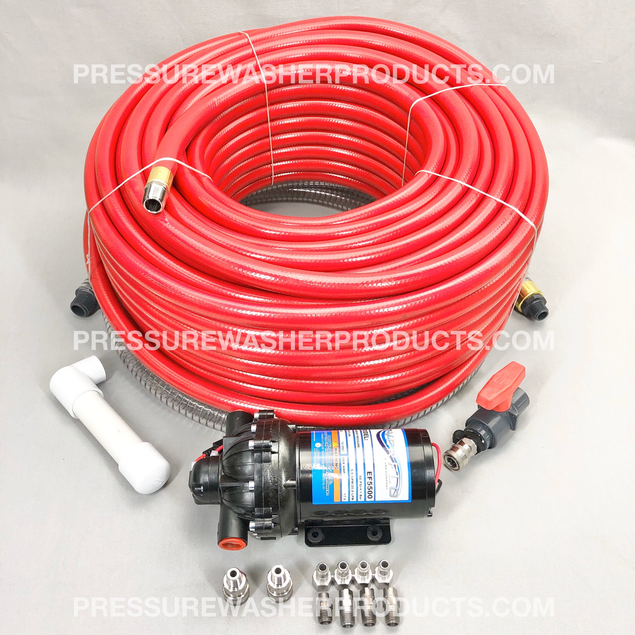 12 Volt Softwash DIY Kit: 5500 EverFlo Red 5/8" ID 200' Kuri Tec JROD — PressureWasherProducts